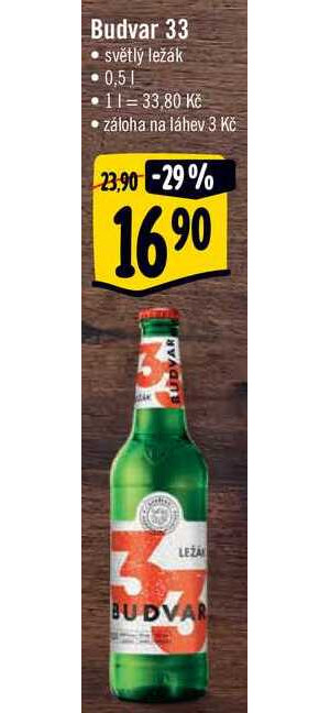 ARCHIV | Budvar 33 světlý ležák, 0,5 l v akci platné do: 24.12.2021 ...