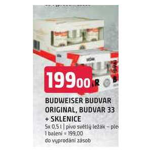 BUDWEISER BUDVAR ORIGINAL, BUDVAR 33 + SKLENICE 5x 0,5 l v akci ...
