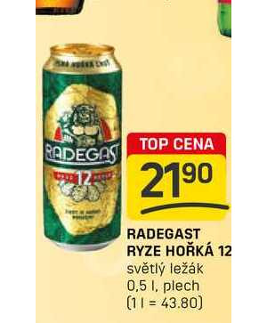 RADEGAST RYZE HOŘKÁ 12 světlý ležák 0,5 1, plech v akci | AkcniCeny.cz