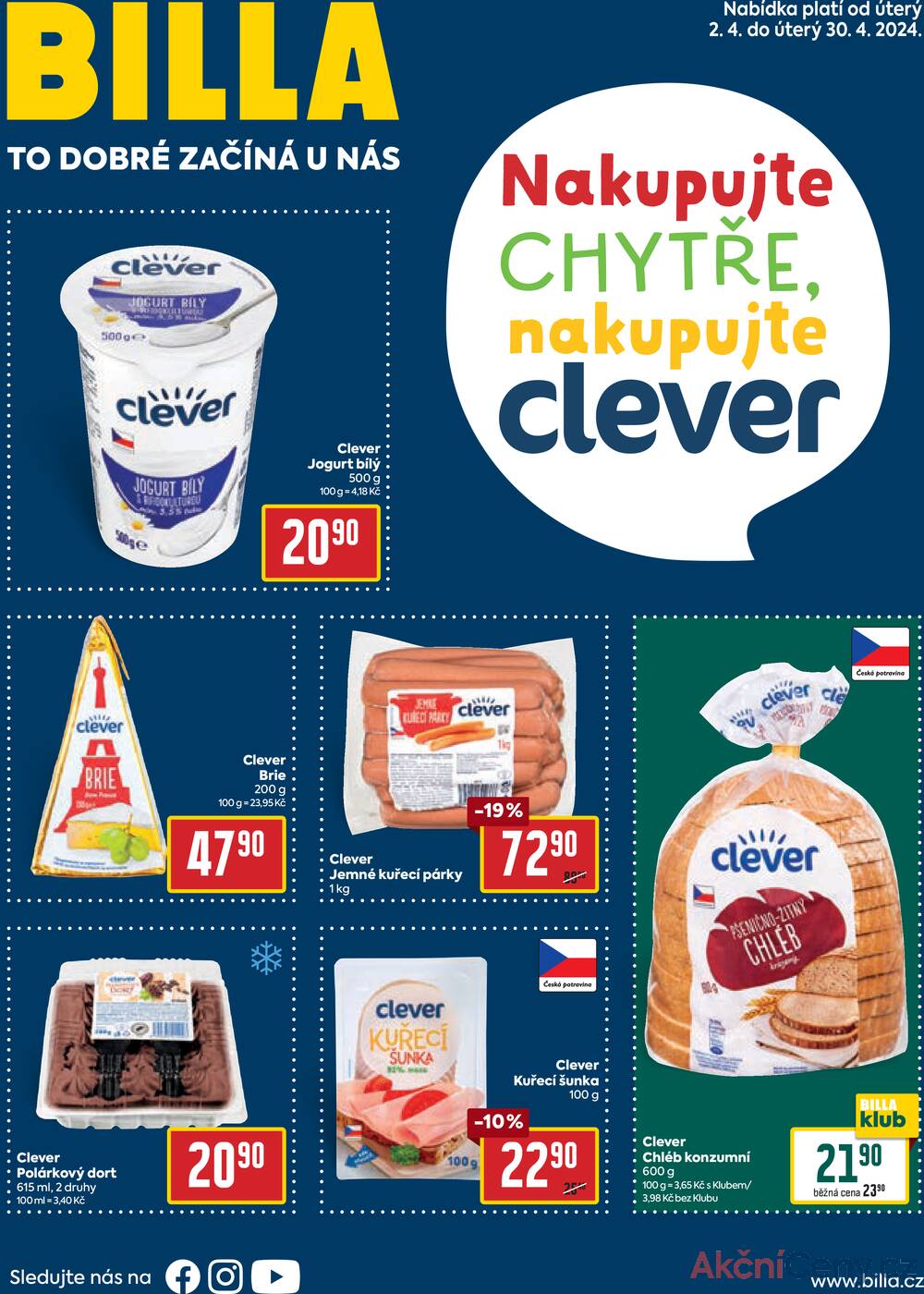 Leták Billa Clever ceny od 2.4. do 30.4.2024 - 1.strana | AkcniCeny.cz