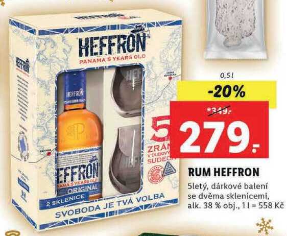 RUM HEFFRON 5letý, dárkové balení se dvěma sklenicemi, 0,5 l v akci ...