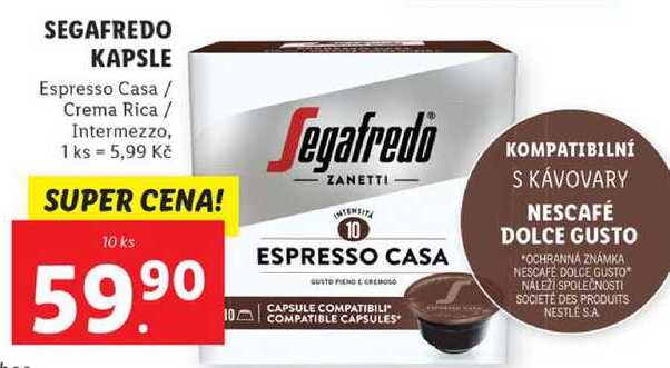 SEGAFREDO KAPSLE Espresso Casa/Crema Rica/Intermezzo, 10 ks v akci ...