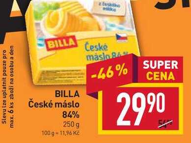 BILLA České máslo 84% 250 g v akci | AkcniCeny.cz
