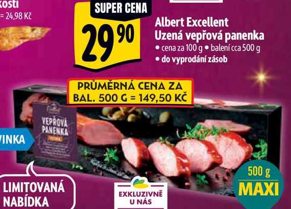 Albert Excellent Uzená vepřová panenka, cena za 100 g v akci | AkcniCeny.cz